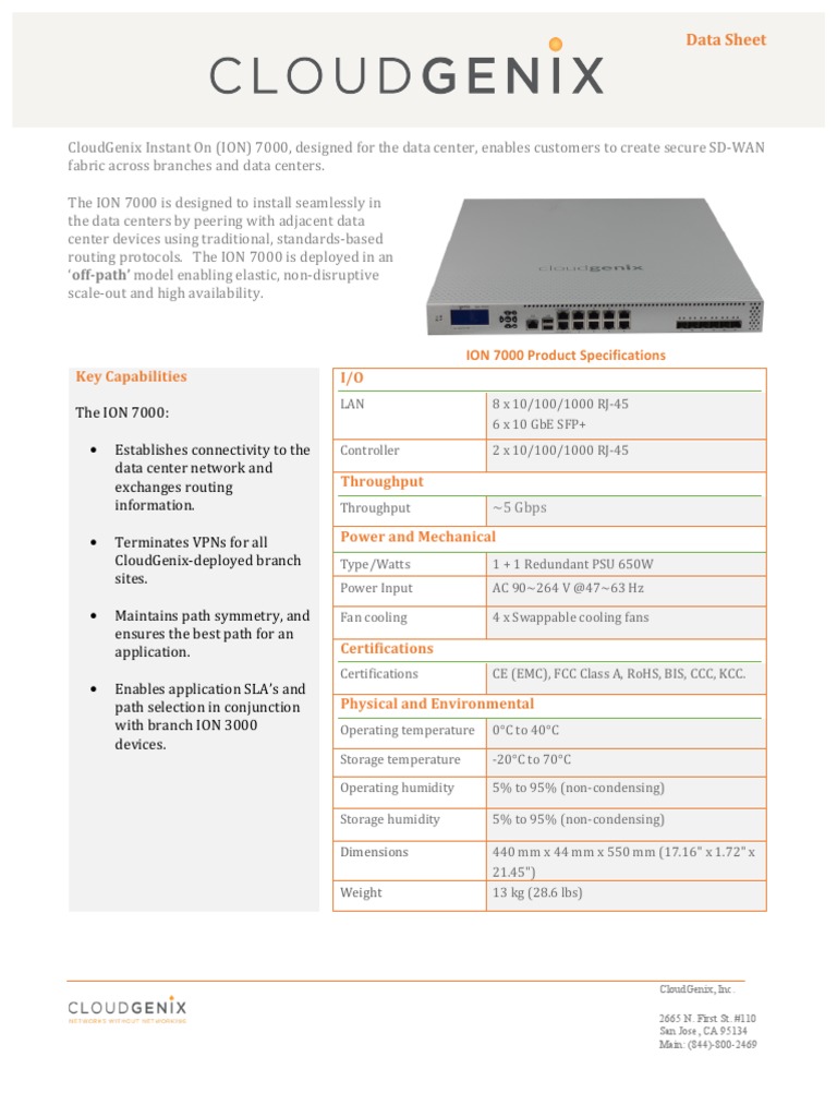 CloudGenix ION 7000 Hardware Data Sheet | Data Center | Computer Network