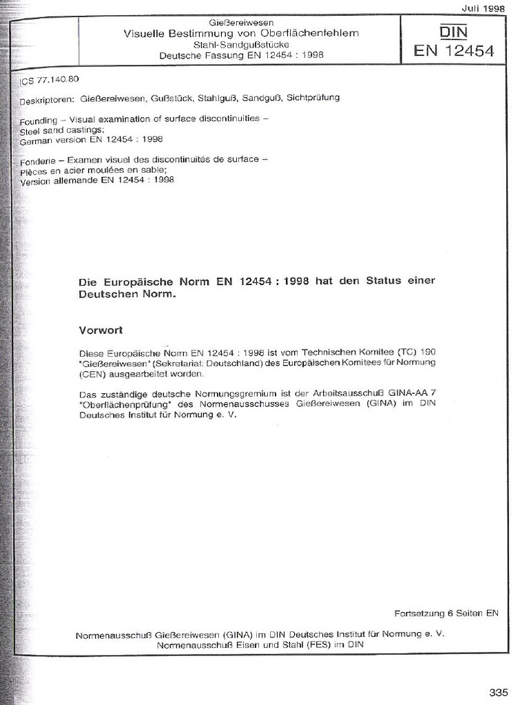 DIN EN 12454 1998 DE Dökümler - Yüzey Süreksizliklerinin Gözle ...
