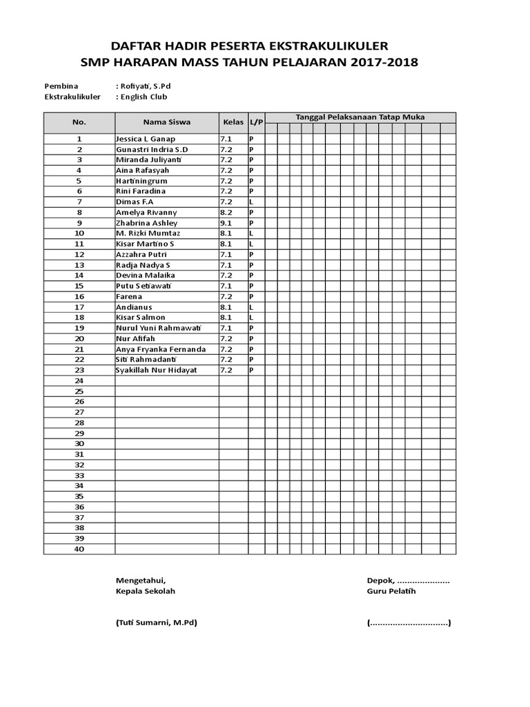 Daftar Hadir Ekstrakurikuler SMP 2017-2018 | PDF