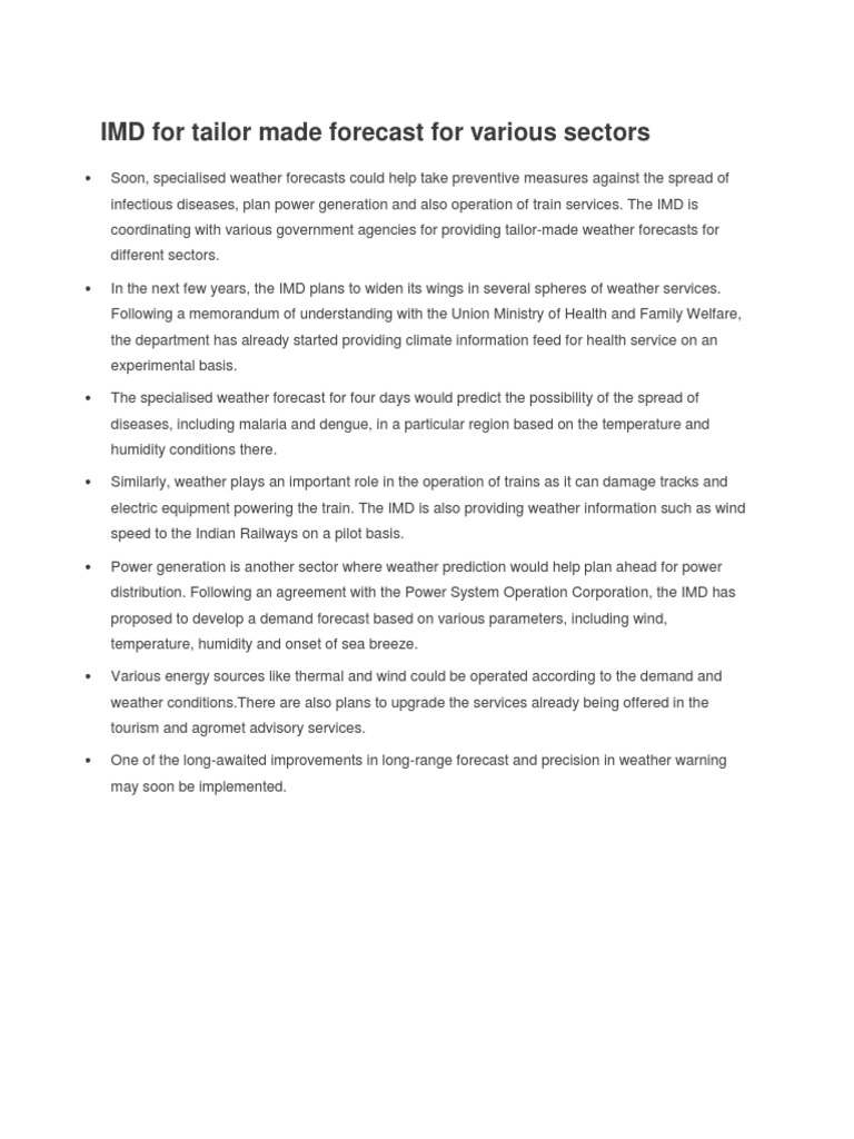 IMD For Tailor Made Forecast For Various Sectors | PDF | Business ...