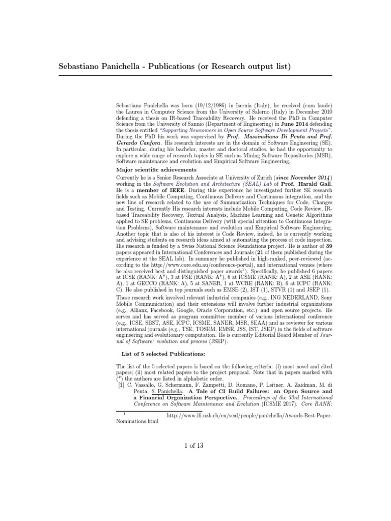 Sebastiano Panichella - Publications (Or Research Output List) | PDF | Software Development ...