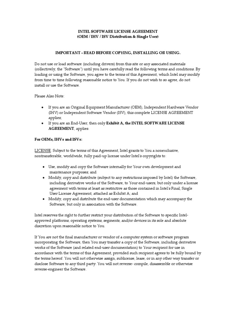 Intel Software License Agreement | PDF | License | Copyright