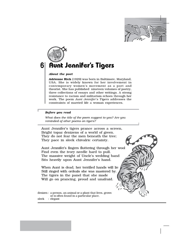 NCERT Class 12 English Poetry Aunt Jennifer's Tigers | PDF | Poetry