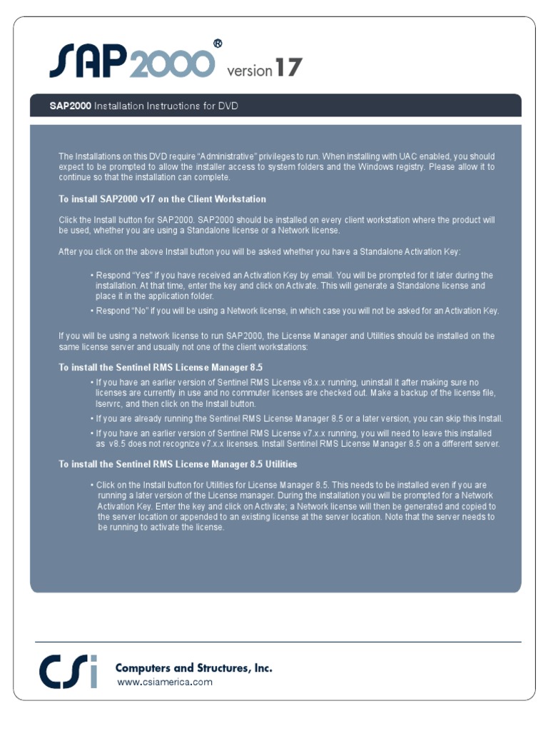 SAP2000 V17 Installation Instructions For DVD PDF | PDF | Computer Architecture | System Software