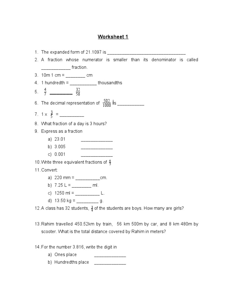 Mathematics Class 5 Worksheets CBSE | PDF | Fraction (Mathematics ...