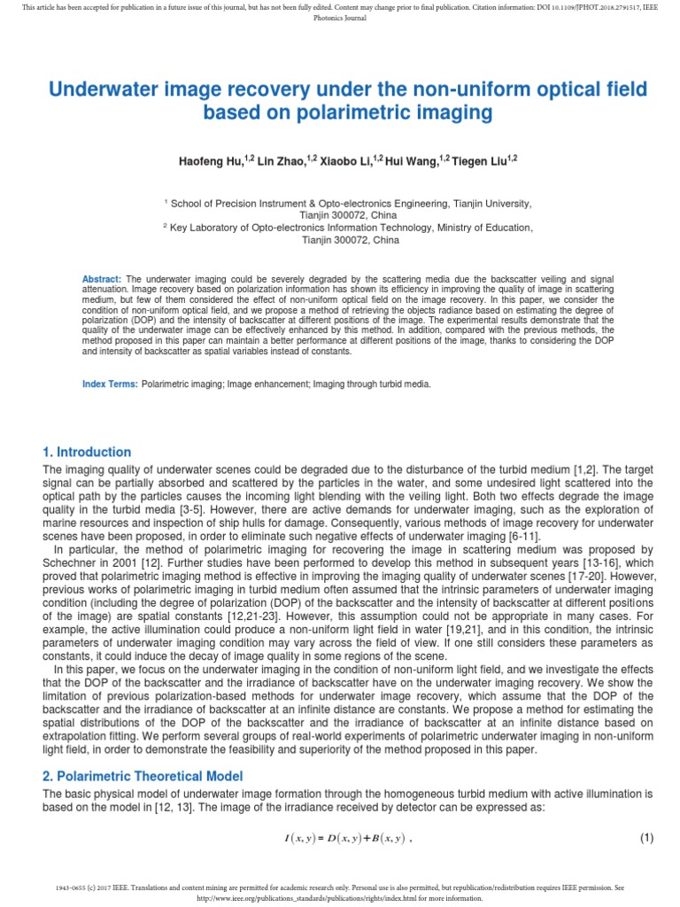 Underwater Image Recovery via Polarimetry | PDF | Scattering | Attenuation