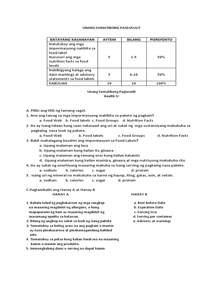Unang Sumatibong Pagsusulit Health | PDF