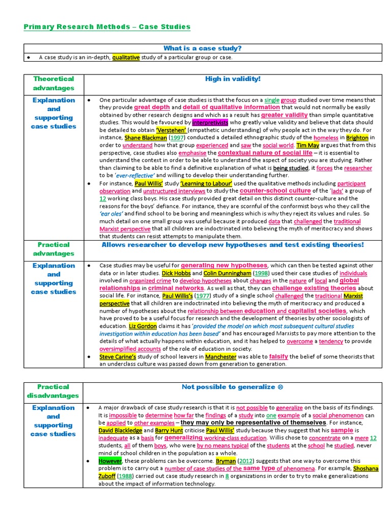 Sociology - Unit 2 - Primary Research Methods Sample - Case Studies ...