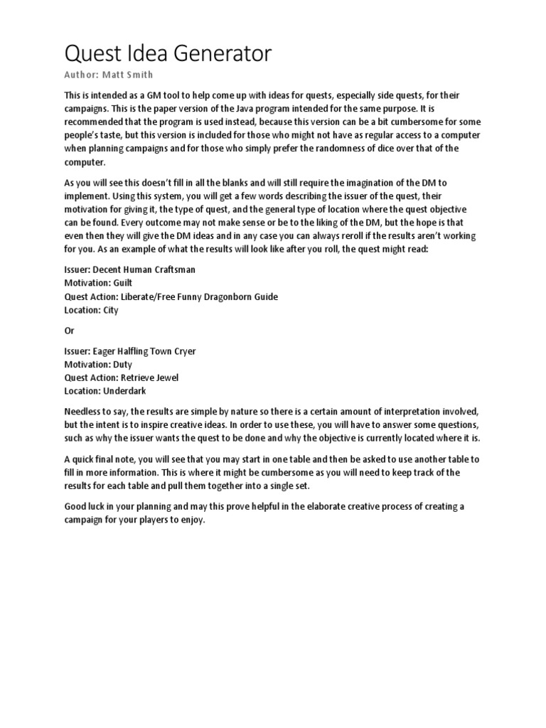 Quest Idea Generator: Author: Matt Smith | PDF | Dungeons & Dragons ...