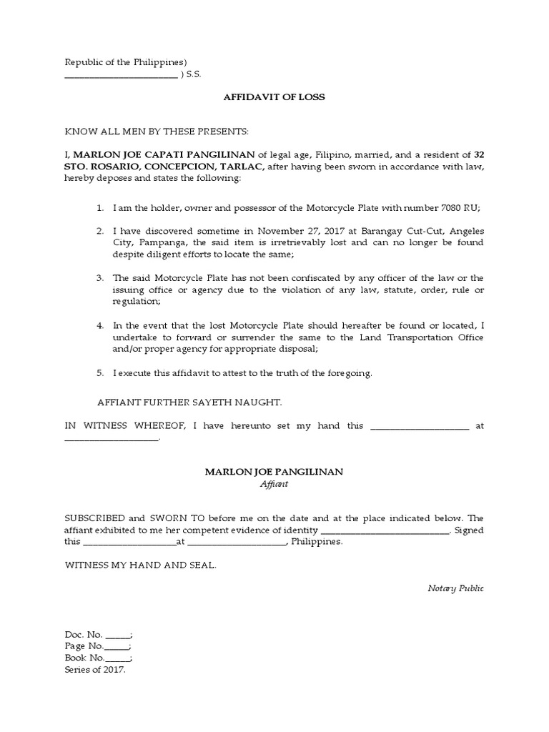 Affidavit of Loss: Motorcycle Plate Number 7080 RU | PDF