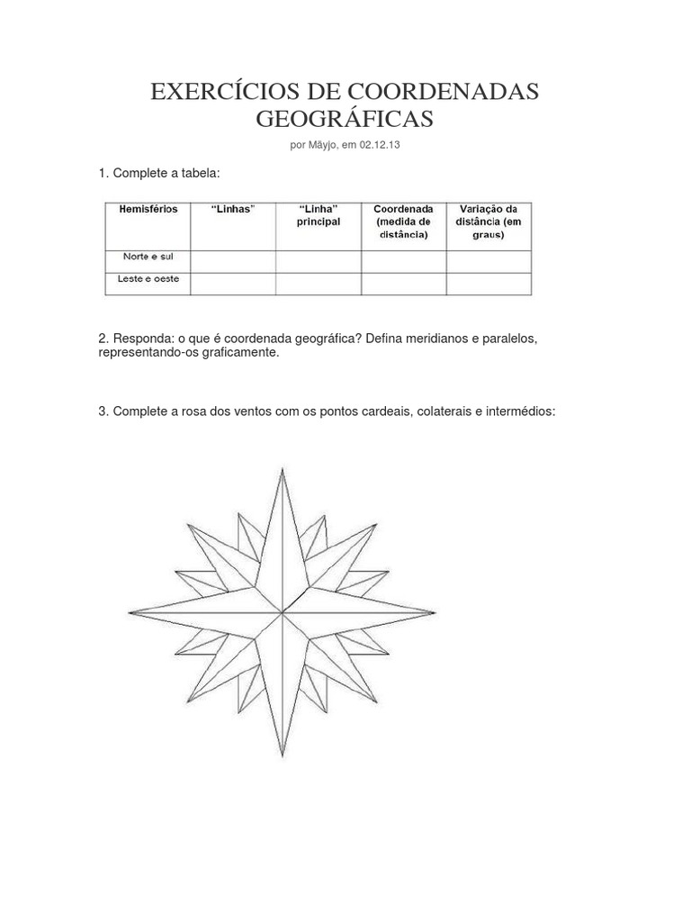 Exercícios De Coordenadas Geográficas Pdf Longitude Geografia