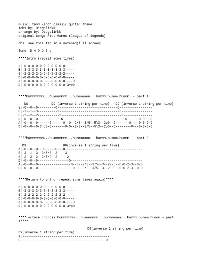 Tahm Kench Guitar Theme Tab | PDF | Necked Lutes | Music Theory