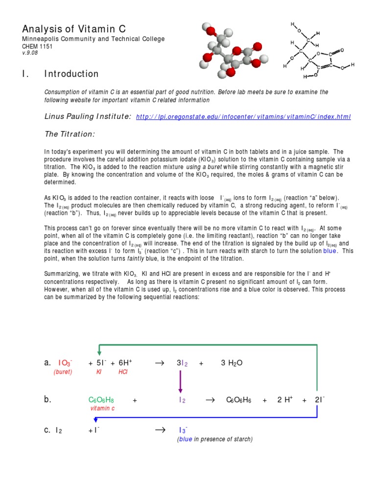 Analysis of Vitamin C: Linus Pauling Institute: The Titration | PDF ...