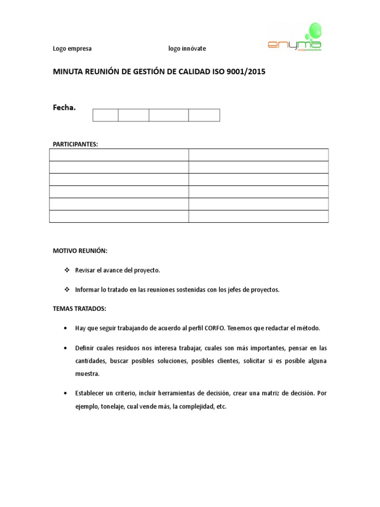 Minuta Reunión ISO 9001 | PDF