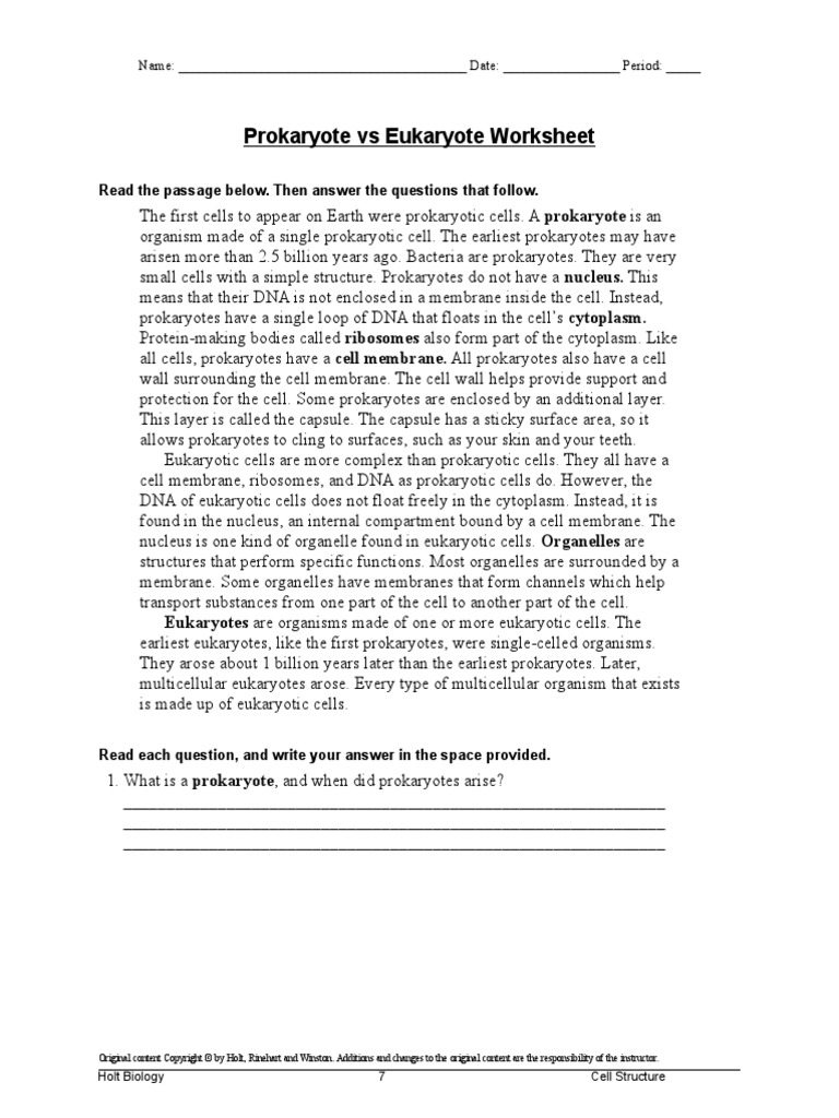 Prokaryote Vs Eukaryote Worksheet: Read The Passage Below. Then Answer ...
