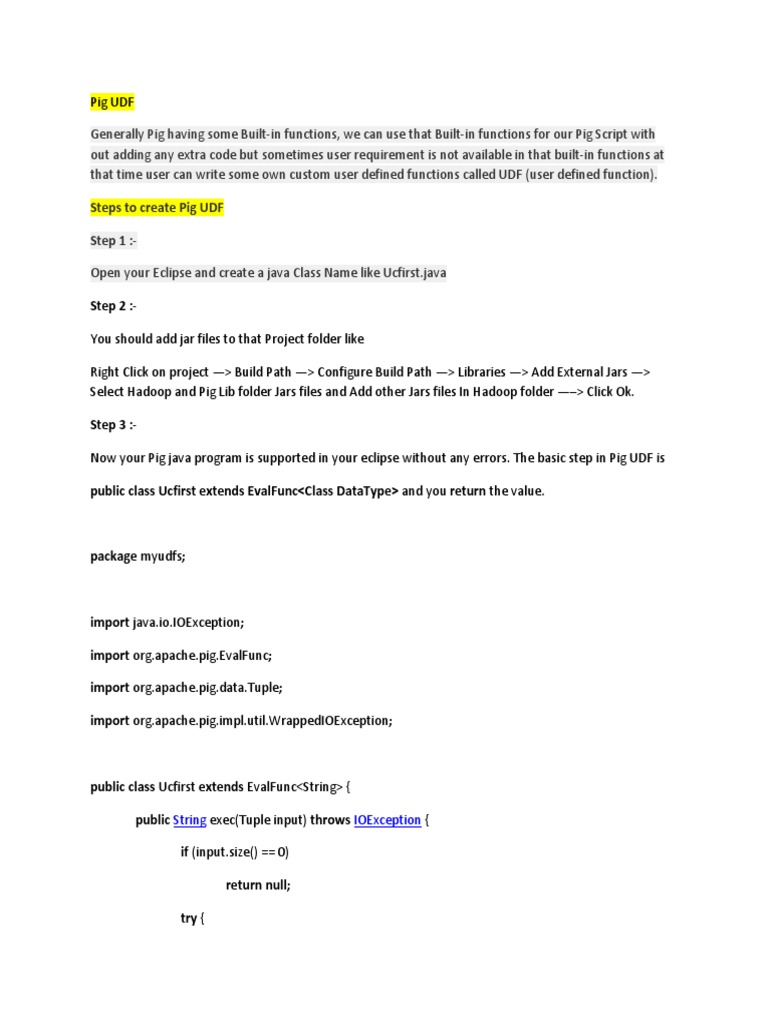 Steps To Create Pig Udf Step 1:-: String Ioexception | PDF | String (Computer Science) | Java ...