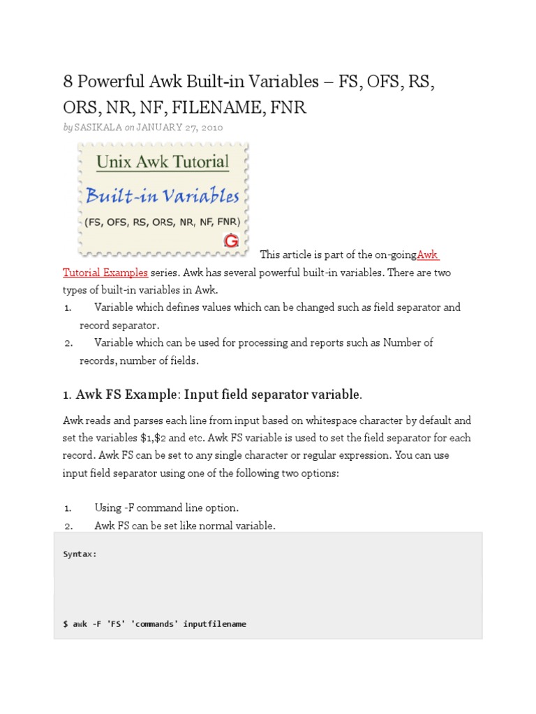 Awk Built-In Variables - FS, OfS, NR | PDF | Programming Paradigms | Formalism (Deductive)