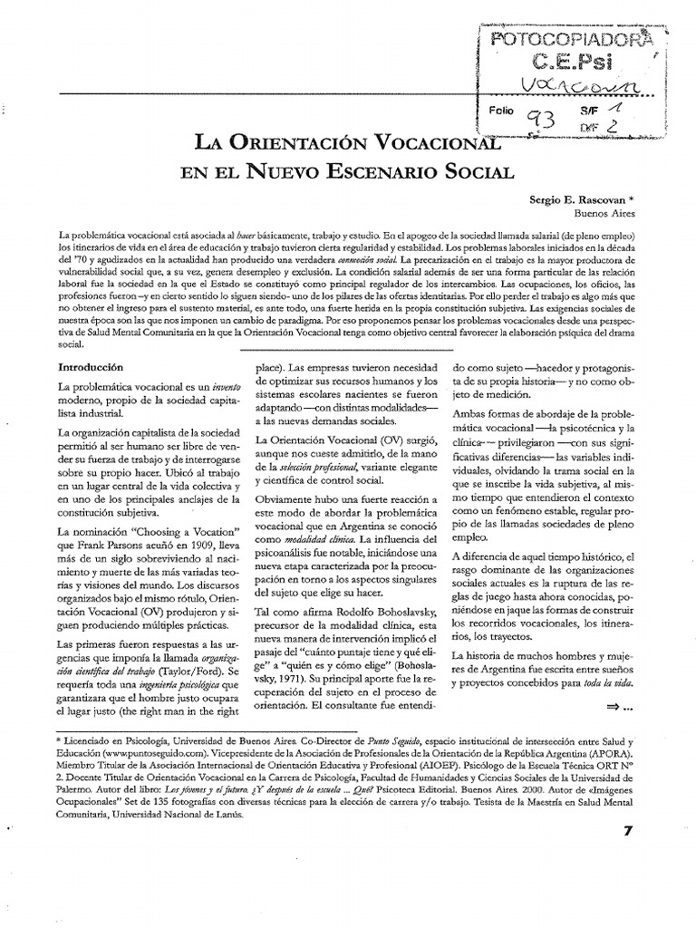 Sergio Rascovan La Taria de La OV en Un Nuevo Escenario Social | PDF