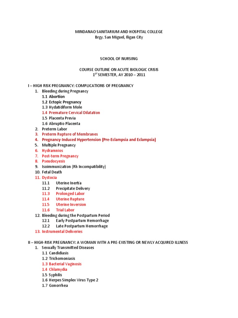 Acute Biologic Crisis Course Outline | PDF | Childbirth | Pregnancy