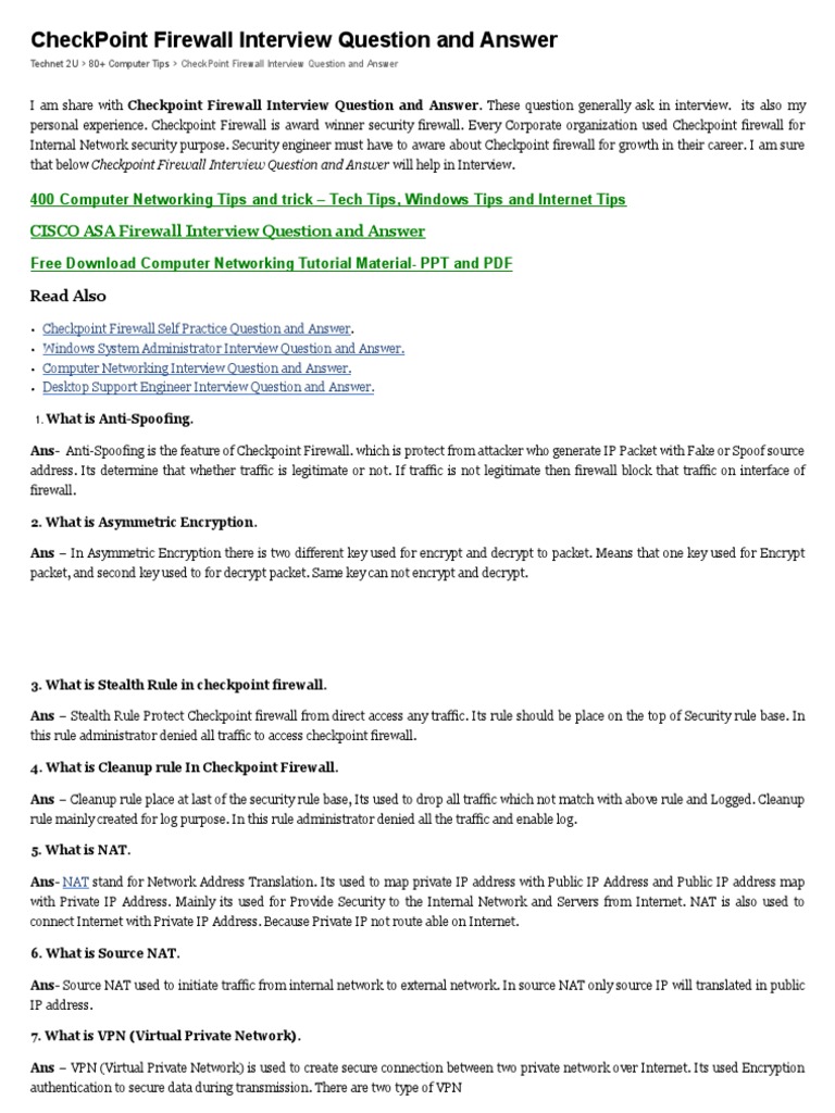 CheckPoint Firewall Interview Question and Answer - Technet 2U | PDF | Virtual Private Network ...