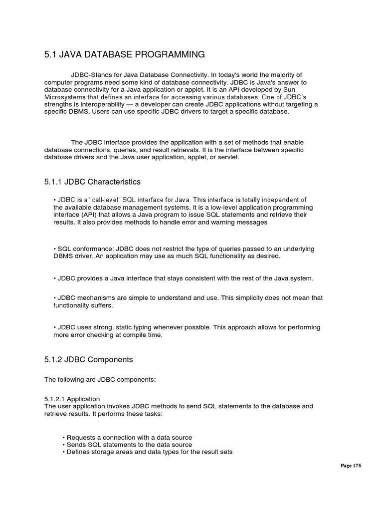 5.1 Java Database Programming: 5.1.1 JDBC Characteristics | PDF | Html Element | Html