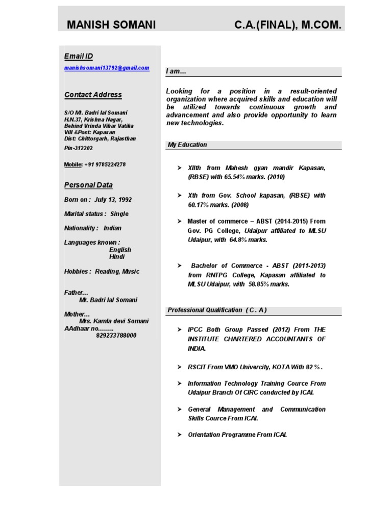 Manish Resume Original | PDF | Business | Further Education