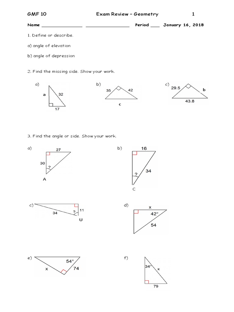 Exam Review Student Jan 2018 Geometry | PDF | Triangle | Angle