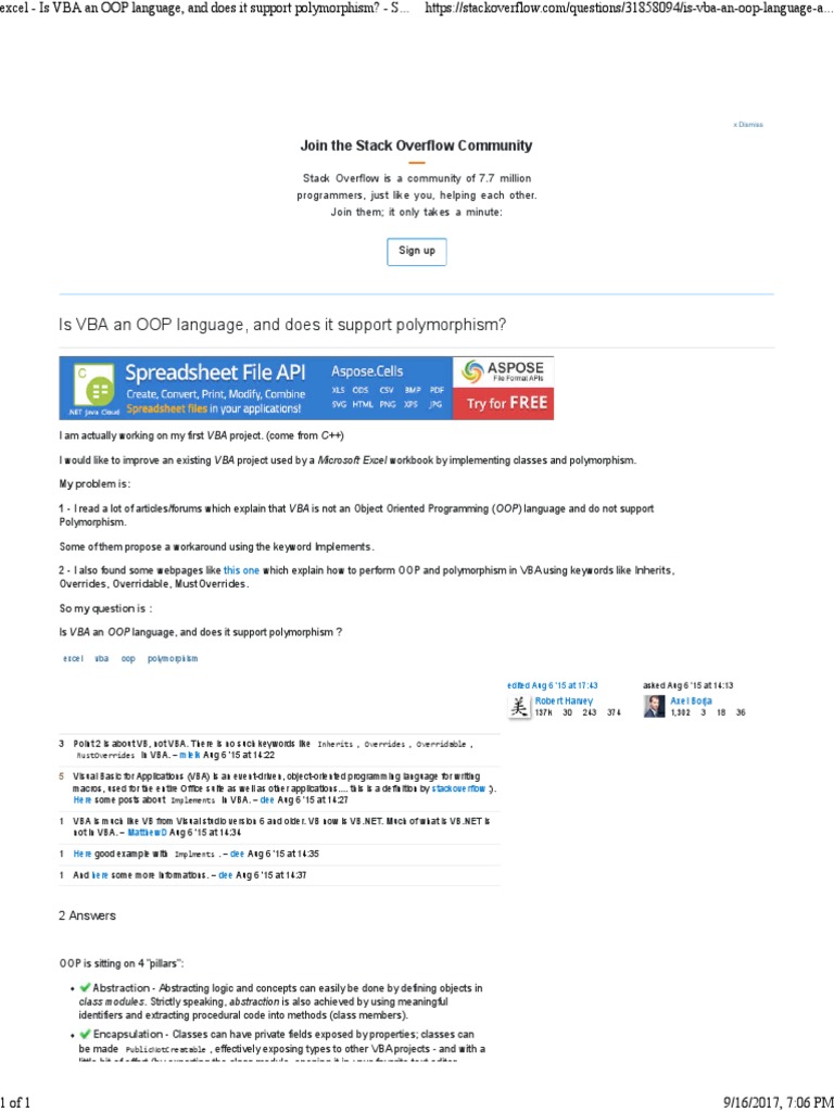 VBA - Is VBA An OOP Language, and Does It Support Polymorphism - Stack Overflow | PDF | Object ...