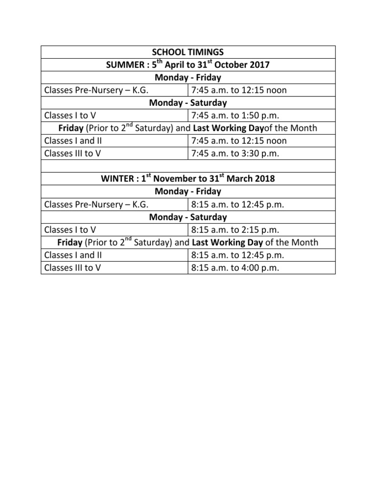 School Timings Summer: 5 April To 31 October 2017 Monday - Friday ...
