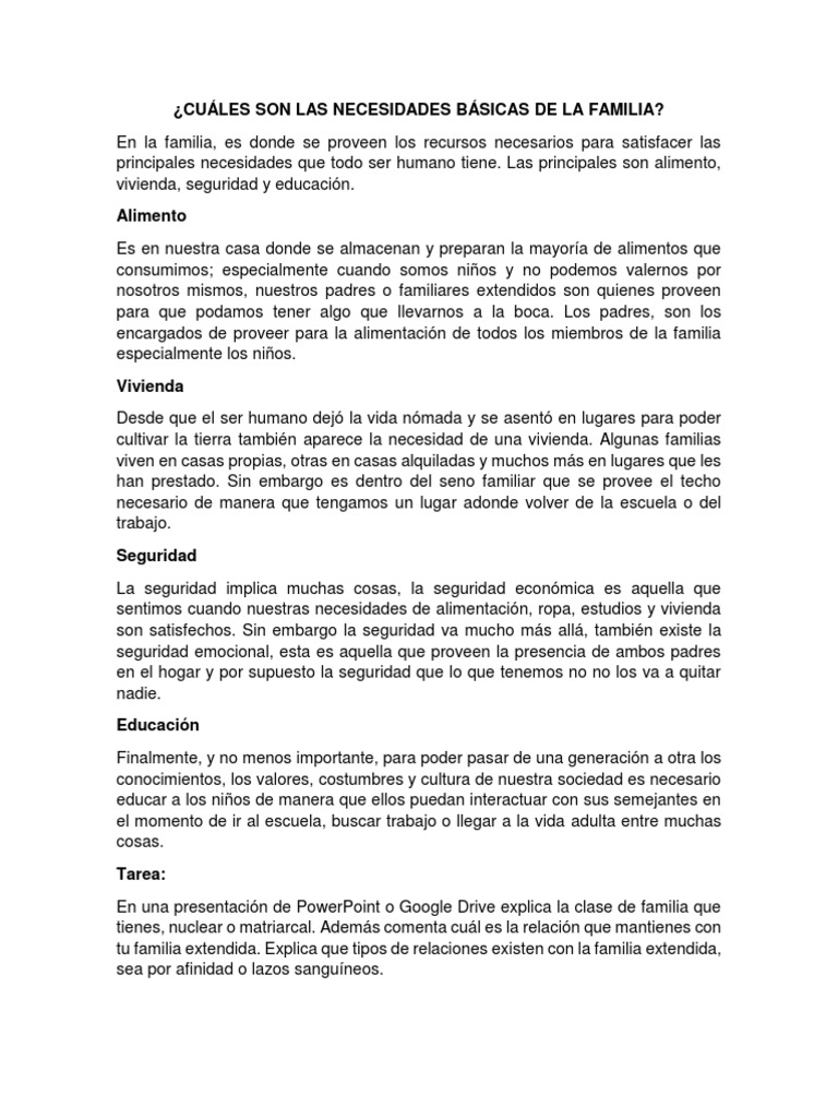 Cuáles Son Las Necesidades Básicas de La Familia | Socialización | Familia