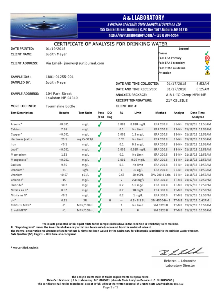 A & L Laboratory: Certificate of Analysis For Drinking Water | PDF ...