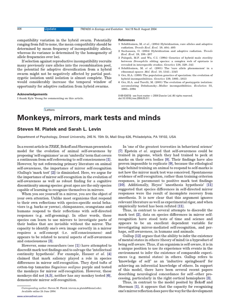 Monkeys, Mirrors, Mark Tests and Minds: Steven M. Platek and Sarah L ...
