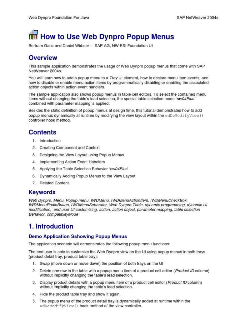 How To Use Web Dynpro Popup Menus | PDF | Menu (Computing) | Java (Programming Language)