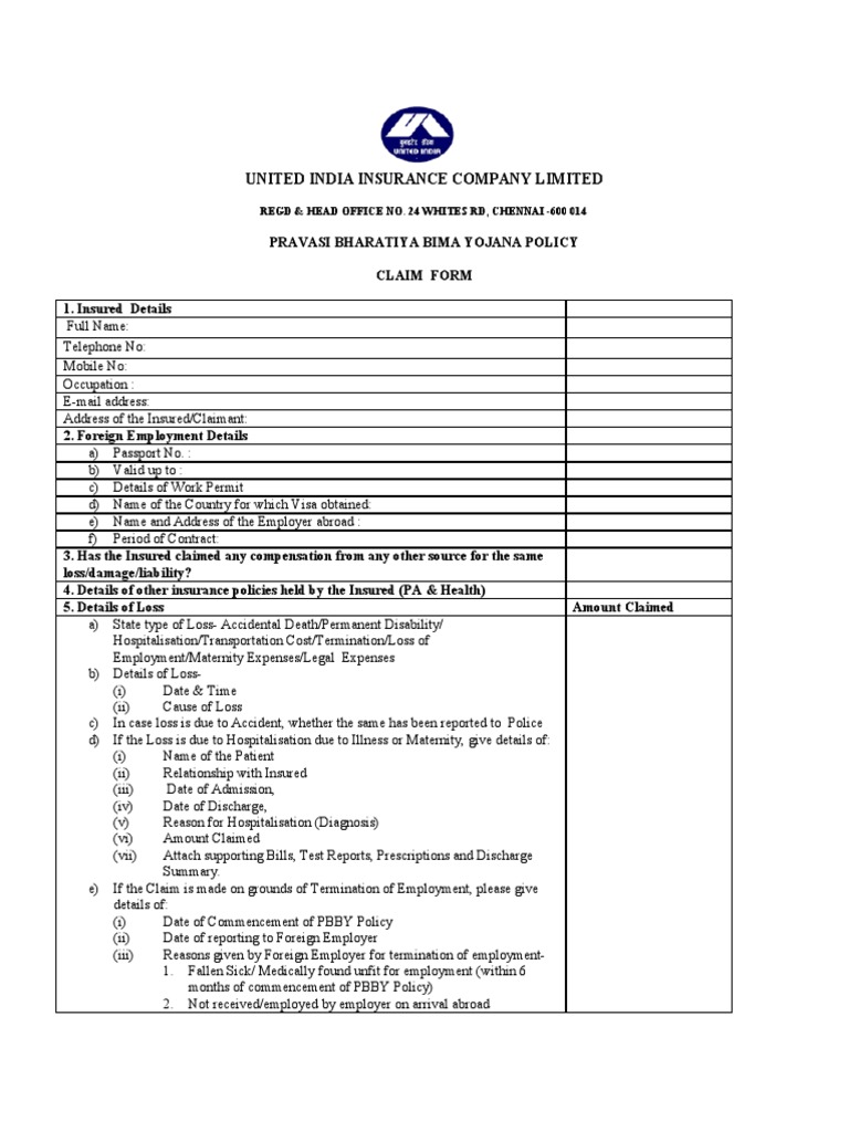 Pravasi Bharatiya Bima Yojana Policy Claim Form - United India ...
