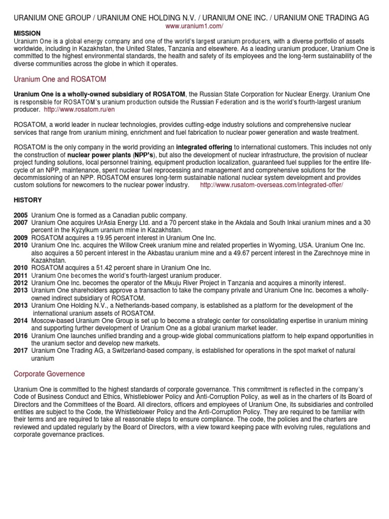 Uranium One and ROSATOM: Uranium One Group / Uranium One Holding N.V ...