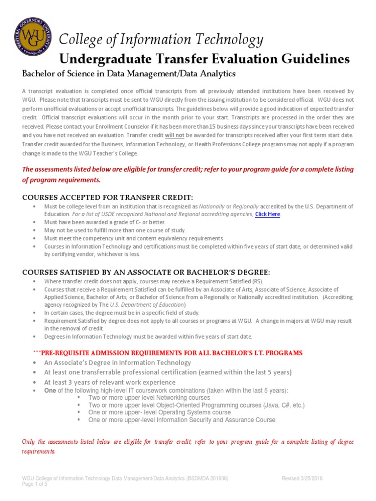 WGU - Transfer Guidelines - Data Management Data Analytics | PDF ...
