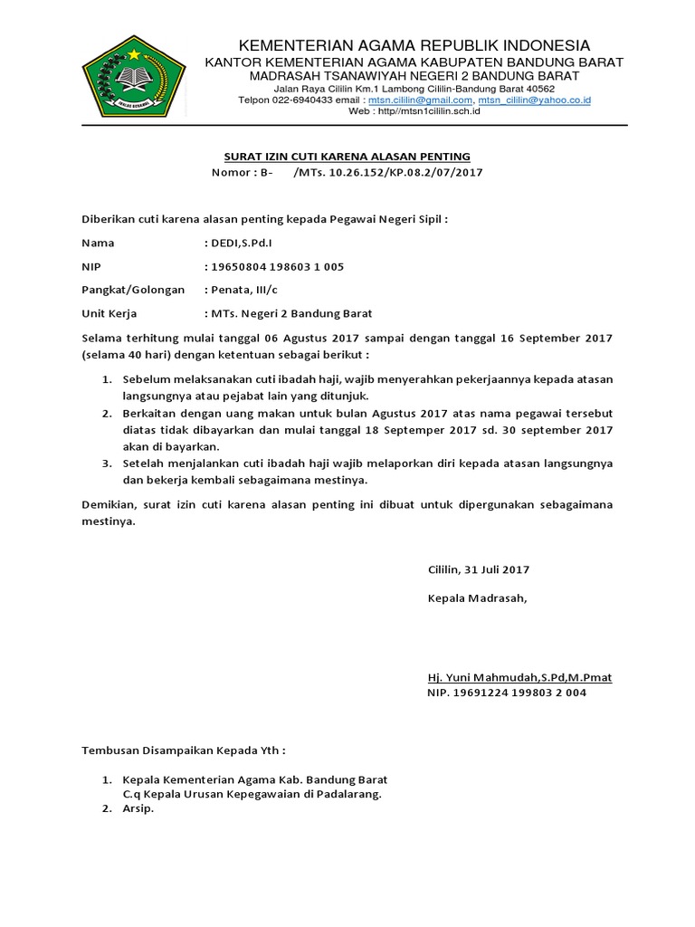 SURAT IZIN CUTI KARENA ALASAN PENTING Pak Dedi | PDF