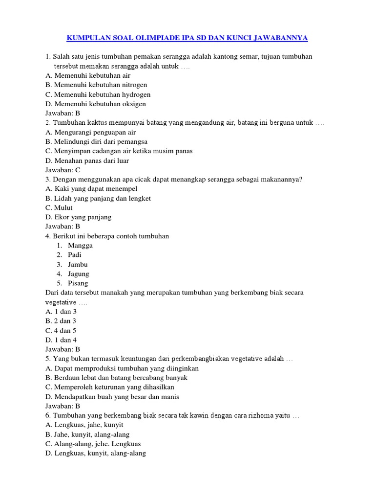 Kumpulan Soal Olimpiade Ipa SD Dan Kunci Jawabannya | PDF