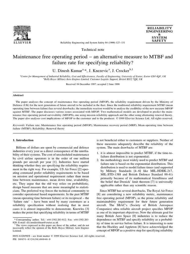 Maintenance Free Operating Period - An Alternative Measure To MTBF and ...