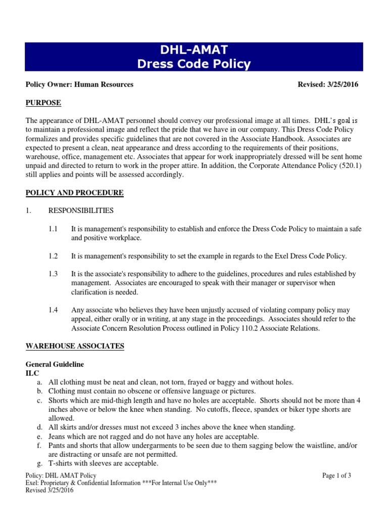 Dhl-Amat Dress Code Policy: Policy Owner: Human Resources Revised: 3/25 ...