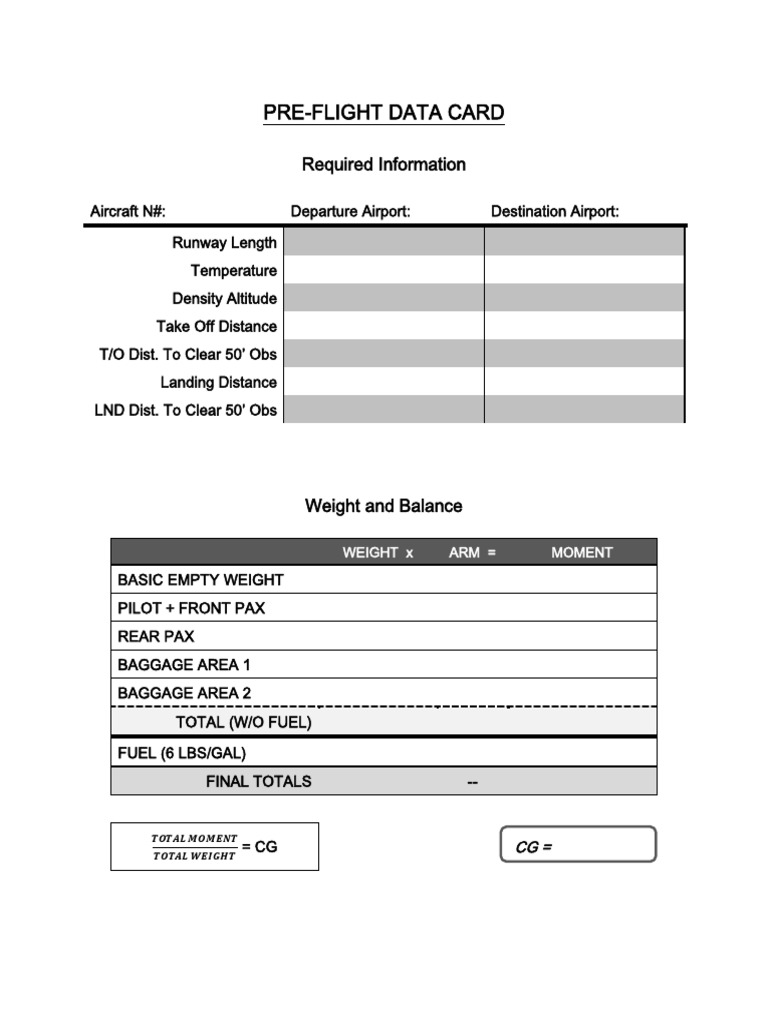 Pre-Flight Data Card Template | PDF