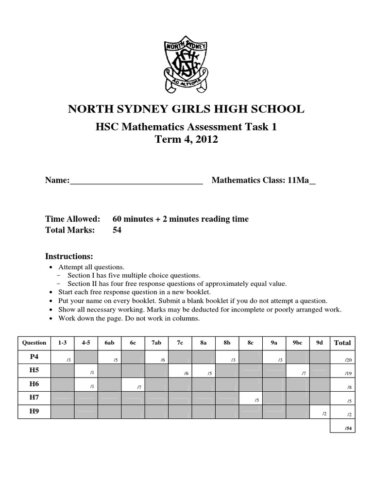 Past NSG Papers/2u Task 1/Nsghs HSC 2013 2u Task1 | PDF | Mathematical ...