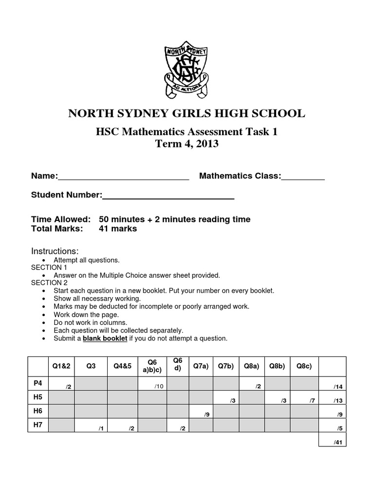 Past NSG Papers/2u Task 1/Nsghs HSC 2014 2u Task1 | PDF | Equations ...