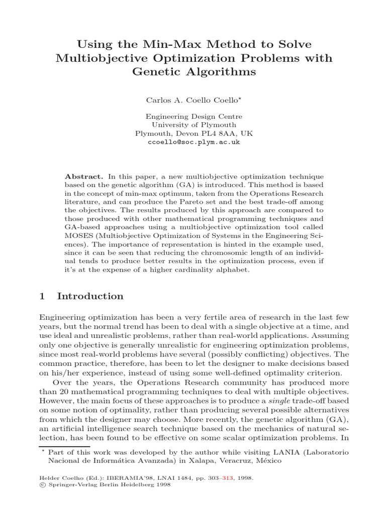 Using The Min Max Method To Solve Multiobjective Optimization Problems With Genetic Algorithms