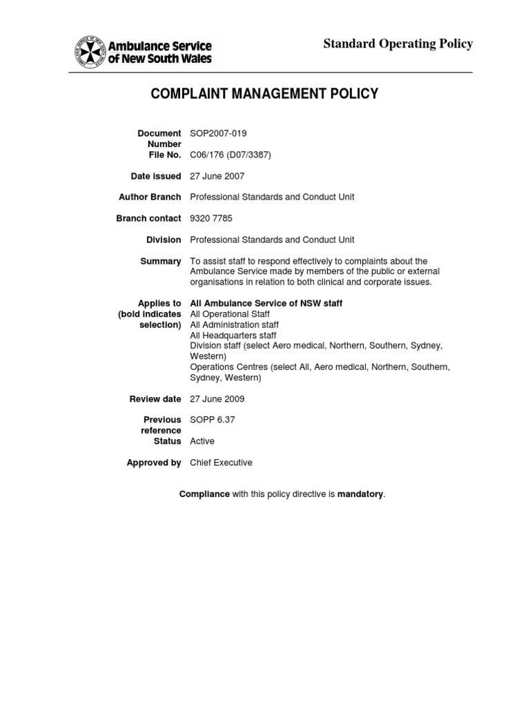 Complaint Management policy-AMBULANCE | PDF | Emergency Medical ...