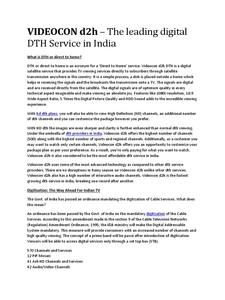 VIDEOCON d2h - The Leading Digital DTH Service in India | PDF ...