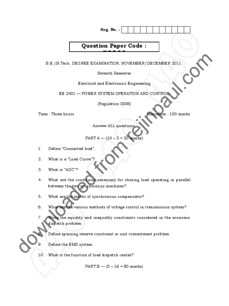 Question Paper Code:: Reg. No. | PDF | Electric Power System | Power ...