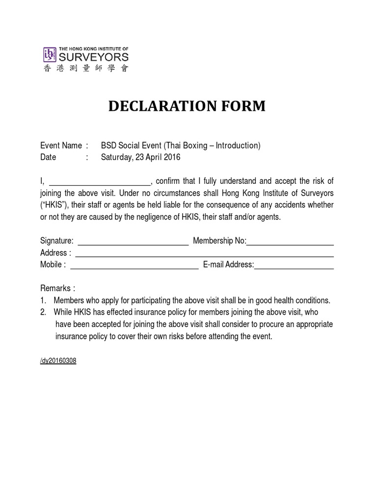 Declaration Form: Event Name: BSD Social Event (Thai Boxing ...