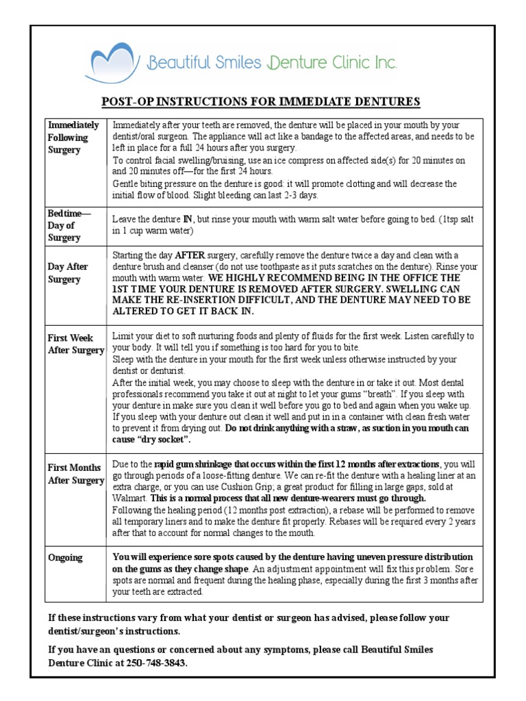 Post-Op Instructions For Immediate Dentures | PDF | Dentures | Dentistry