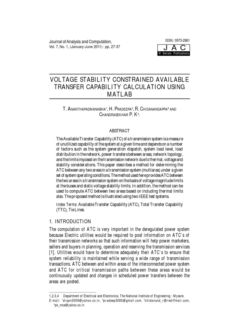 Voltage Stability Constrained Available Transfer Capability Calculation ...